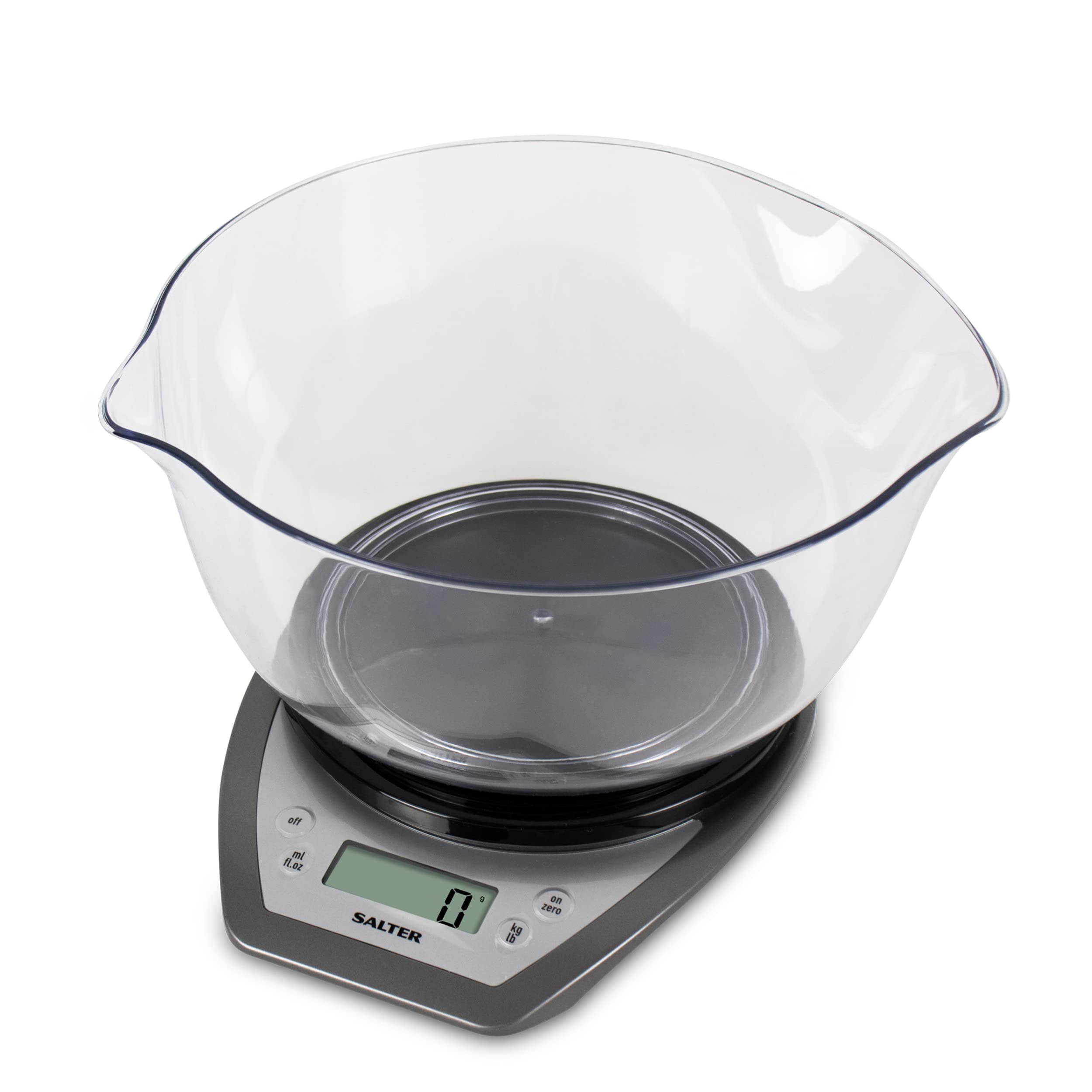 Salter 1024 SVDR14 Digital Kitchen Scale with Bowl- 2L Dishwasher Safe Mixing Bowl, Easy Dual Pour Wide & Narrow Spouts, Measure Liquids, Add & Weigh Function, Easy Read Display, 5kg Capacity, Silver