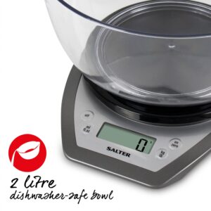 Salter 1024 SVDR14 Digital Kitchen Scale with Bowl- 2L Dishwasher Safe Mixing Bowl, Easy Dual Pour Wide & Narrow Spouts, Measure Liquids, Add & Weigh Function, Easy Read Display, 5kg Capacity, Silver