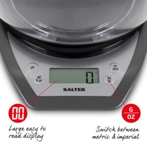 Salter 1024 SVDR14 Digital Kitchen Scale with Bowl- 2L Dishwasher Safe Mixing Bowl, Easy Dual Pour Wide & Narrow Spouts, Measure Liquids, Add & Weigh Function, Easy Read Display, 5kg Capacity, Silver