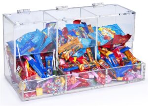 displays2go three-compartment clear acrylic candy bin, free-standing with non-skid feet