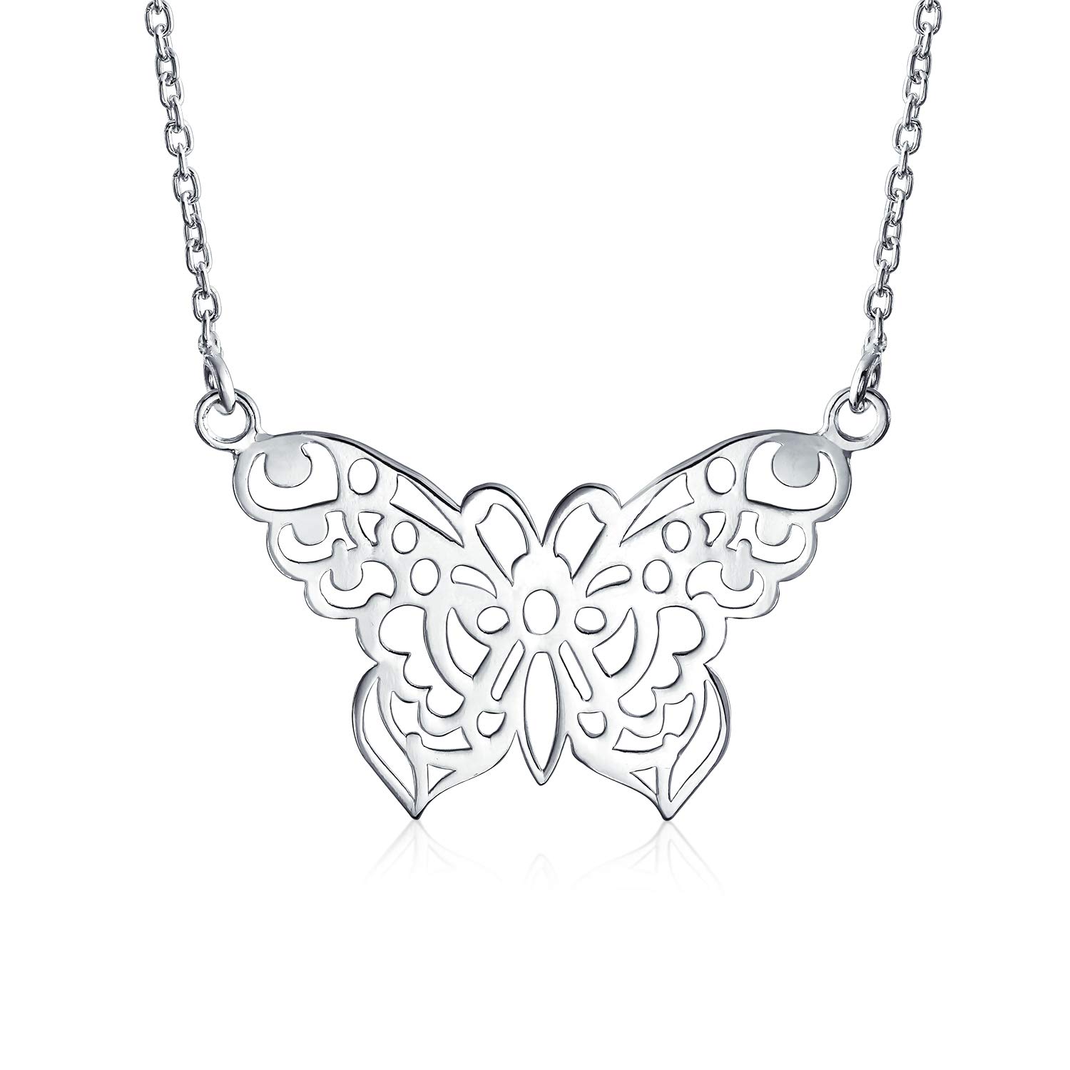 Bling Jewelry Large Butterfly Necklace Cut Out Filigree Statement Pendant For Women .925 Sterling Silver 16 Inches