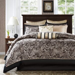 madison park aubrey cozy comforter set, faux silk jacquard paisley design - all season down alternative bedding with cotton bed sheets, bed skirt & toss pillows, king black 12 piece