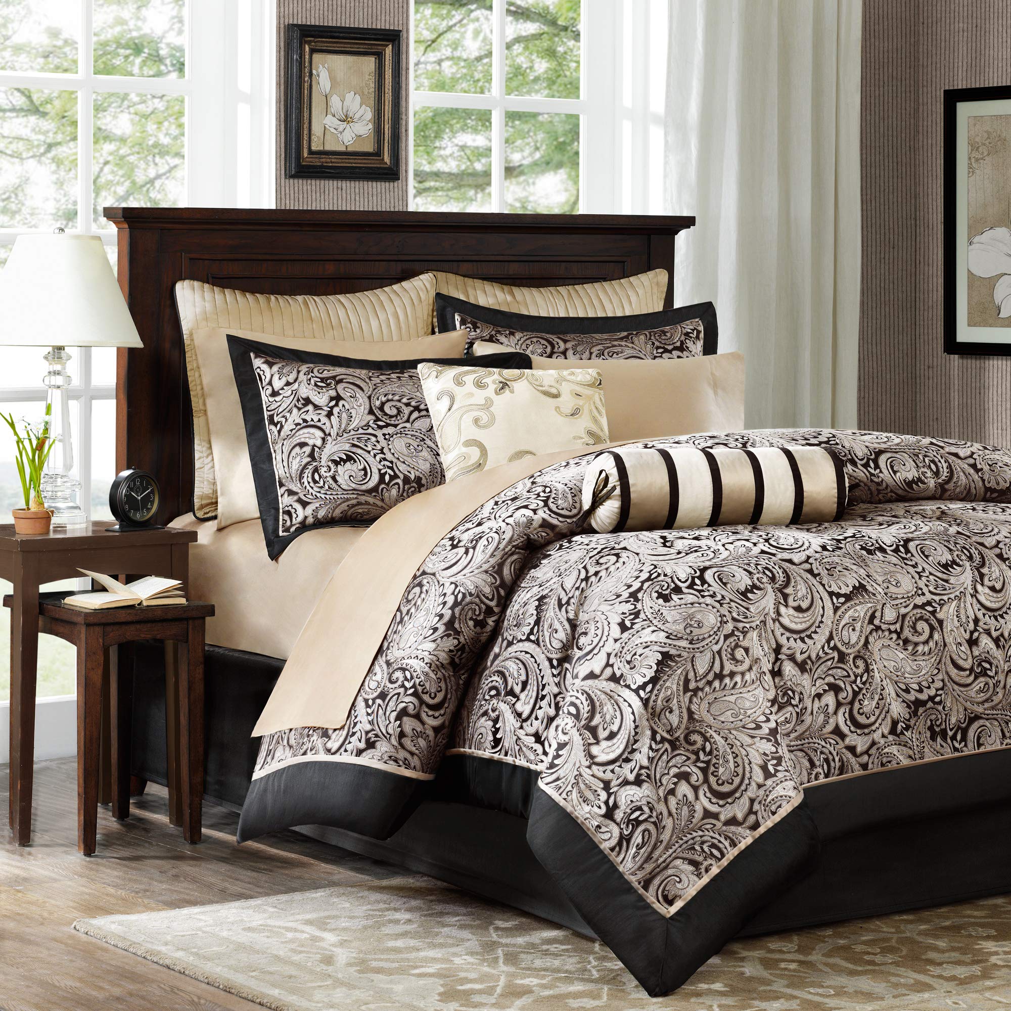 Madison Park Aubrey Cozy Comforter Set, Faux Silk Jacquard Paisley Design - All Season Down Alternative Bedding with Cotton Bed Sheets, Bed Skirt & Toss Pillows, King Black 12 Piece