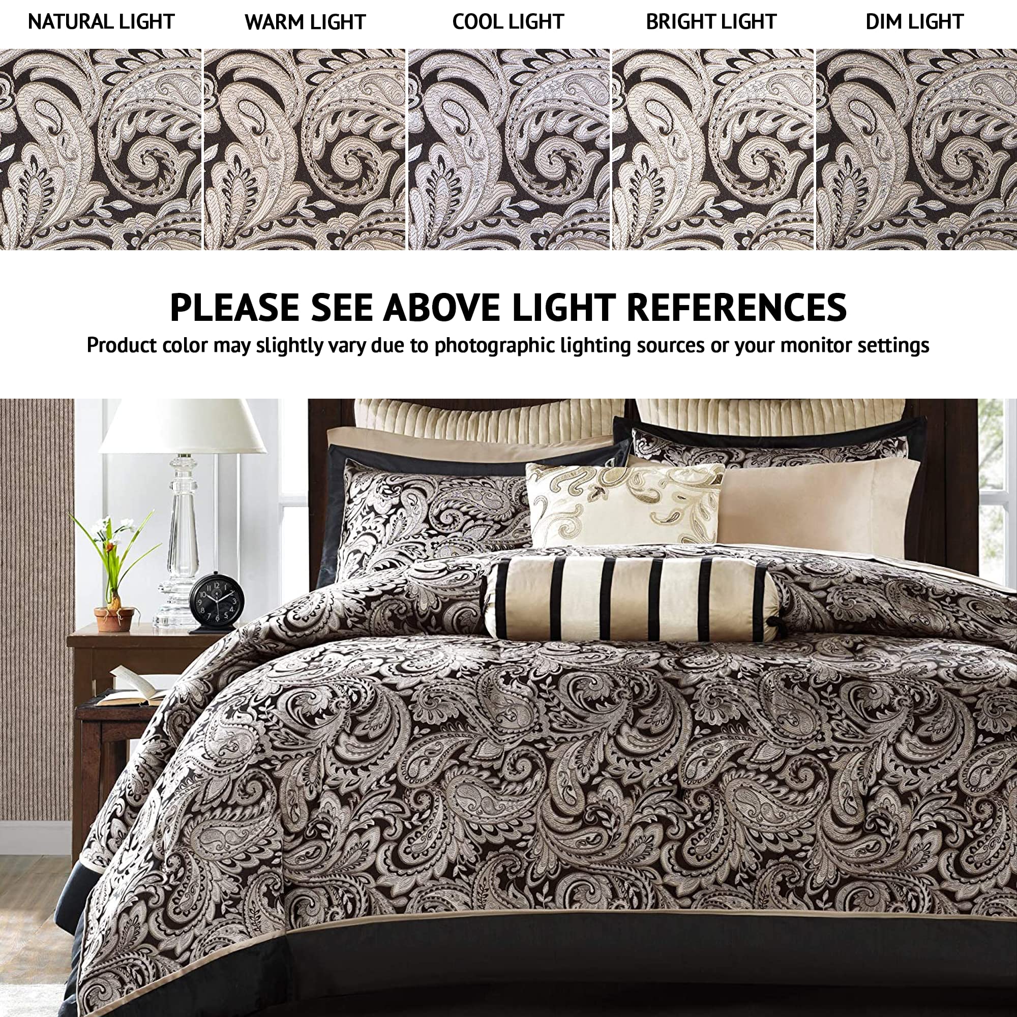 Madison Park Aubrey Cozy Comforter Set, Faux Silk Jacquard Paisley Design - All Season Down Alternative Bedding with Cotton Bed Sheets, Bed Skirt & Toss Pillows, King Black 12 Piece