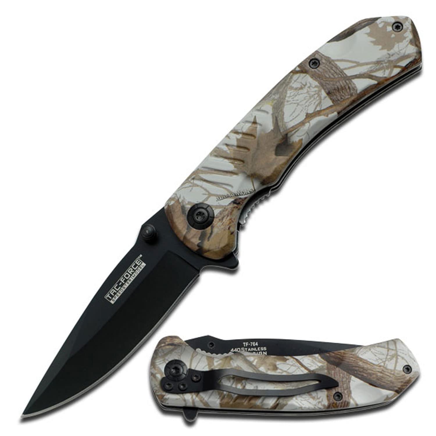 TAC Force Spring Assisted Folding Pocket Knife – Black Stainless Steel Blade with Brown Camo Coated Nylon Fiber Handle with Pocket Clip, Tactical, EDC, Rescue - TF-764BC