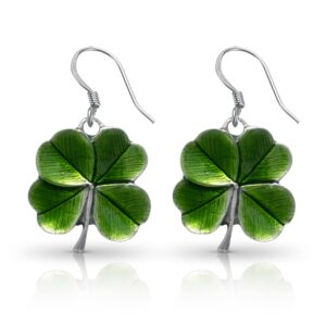 danforth – green four leaf clover earrings, shamrock dangle earrings, handcrafted pewter 4 leaf clover earrings for women, ¾”, made in usa