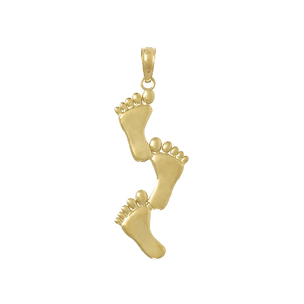 Million Charms 14k Yellow Gold Beach Charm Pendant, Triple Vertical Feet, High Polish