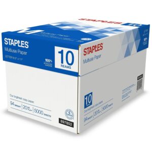 staples select copy paper, 8.5" x 11", 20 lbs., white, 500 sheets/ream, 10 reams/carton (20472)