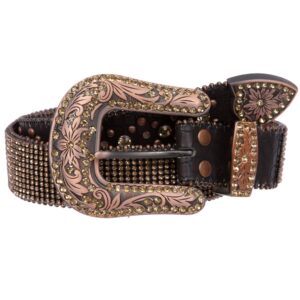 snap on western cowgirl alligator rhinestone strip leather belt, brown | s/m - 34