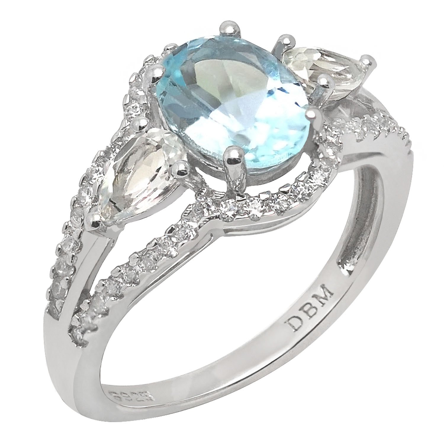 De Buman Sterling Silver Genuine Blue Topaz, White Topaz and Cubic Zirconia Ring, Size 6