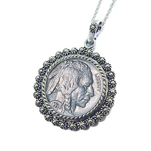 American Coin Treasures Buffalo Nickel Coin Pendant Necklace - U.S. Silvertone Medallion Pendant with Blossom Bezel - 24 Inch Rope Chain