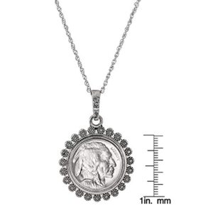 American Coin Treasures Buffalo Nickel Coin Pendant Necklace - U.S. Silvertone Medallion Pendant with Blossom Bezel - 24 Inch Rope Chain