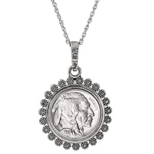 American Coin Treasures Buffalo Nickel Coin Pendant Necklace - U.S. Silvertone Medallion Pendant with Blossom Bezel - 24 Inch Rope Chain