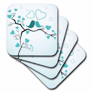 3drose cst_101640_1 two kissing love birds and hearts in turquoise-soft coasters, set of 4