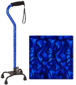 nova designer quad cane, lightweight four legged walking cane with soft grip handle, height (for users 4’11” - 6’4”) and left or right adjustable, blue waves design