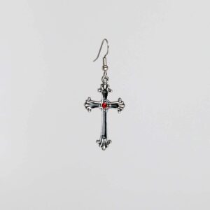 Gothic Victorian Cross Dangle Earrings with Red Austrian Crystals