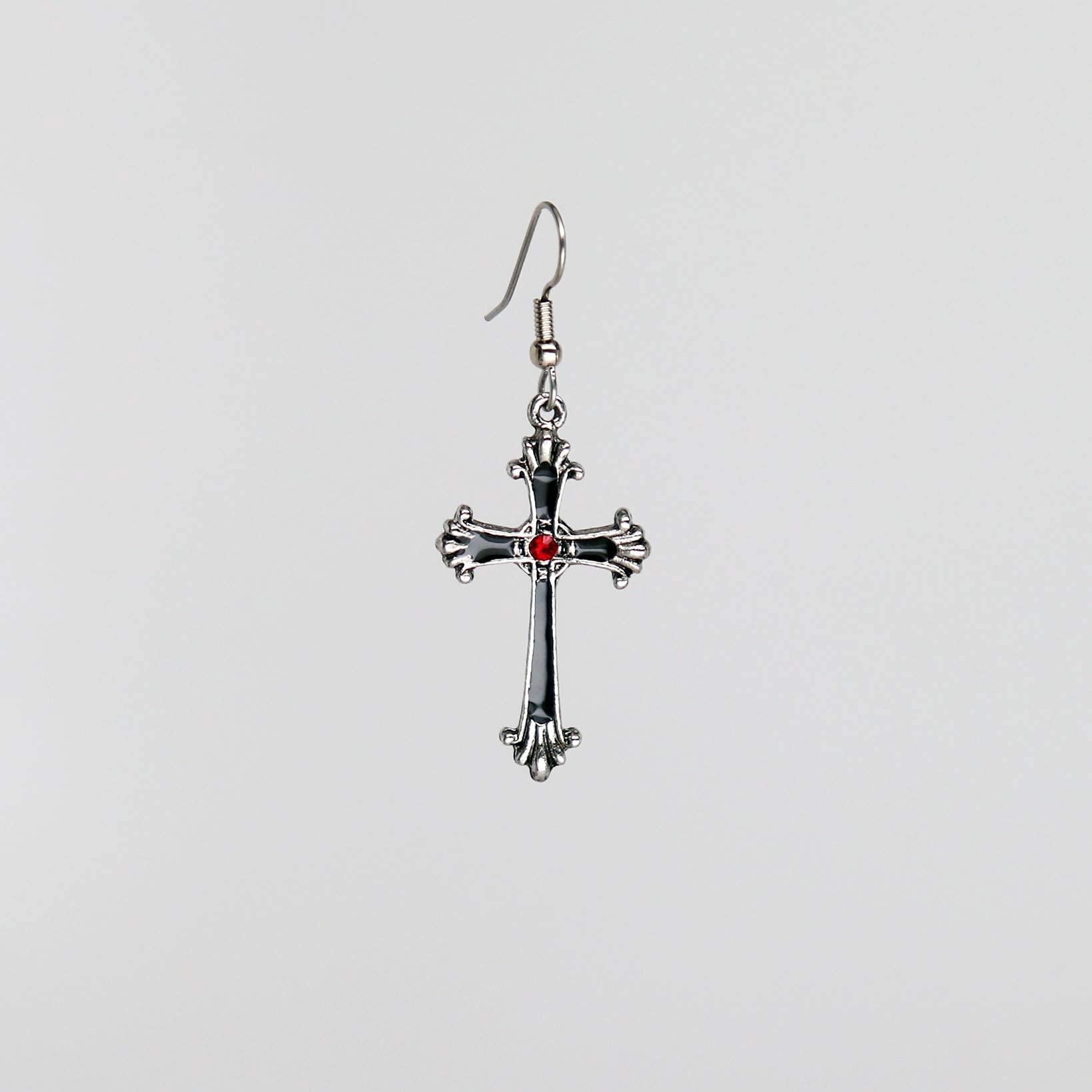 Gothic Victorian Cross Dangle Earrings with Red Austrian Crystals