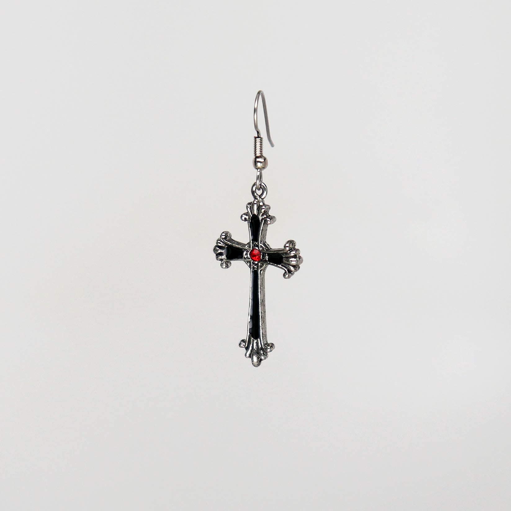 Gothic Victorian Cross Dangle Earrings with Red Austrian Crystals