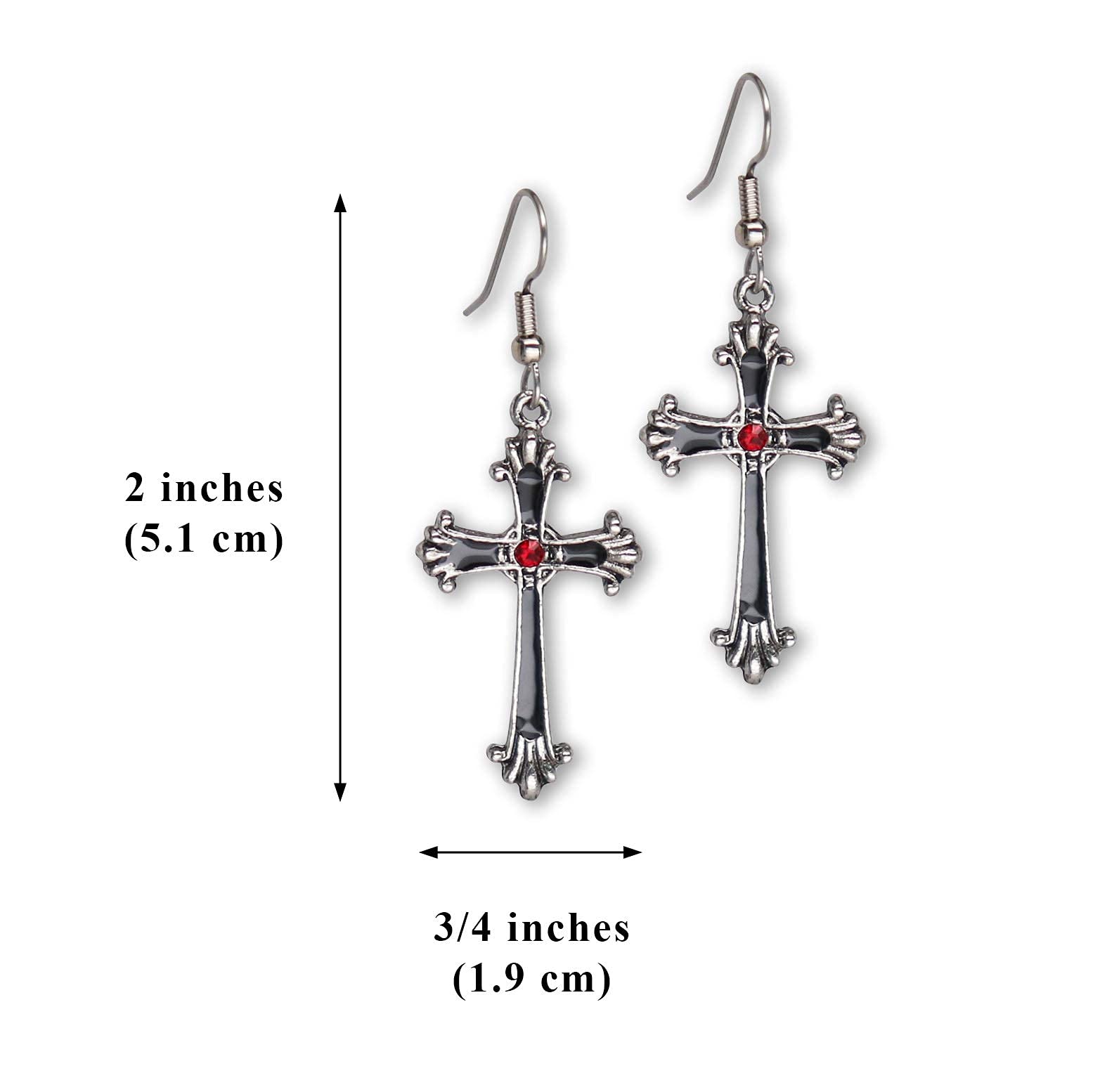 Gothic Victorian Cross Dangle Earrings with Red Austrian Crystals