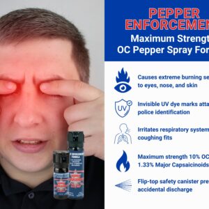 Pepper Enforcement 2 oz. Splatter Stream Pepper Spray with Belt Loop Holster for Self Defense - Maximum Strength 10% OC Formula, Flip Top Safety Tactical Design, Personal Protection Devices