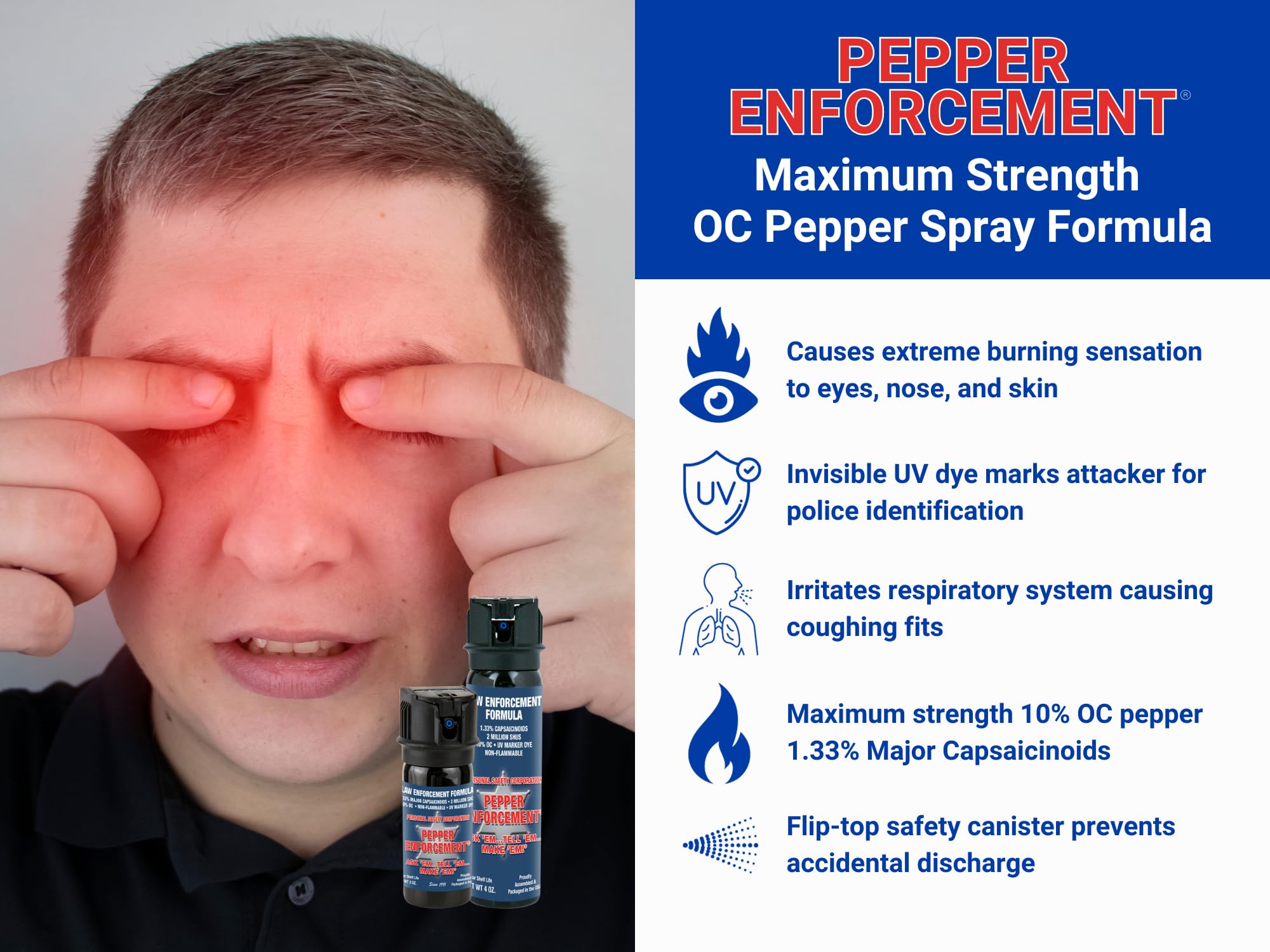 Pepper Enforcement 2 oz. Splatter Stream Pepper Spray with Belt Loop Holster for Self Defense - Maximum Strength 10% OC Formula, Flip Top Safety Tactical Design, Personal Protection Devices