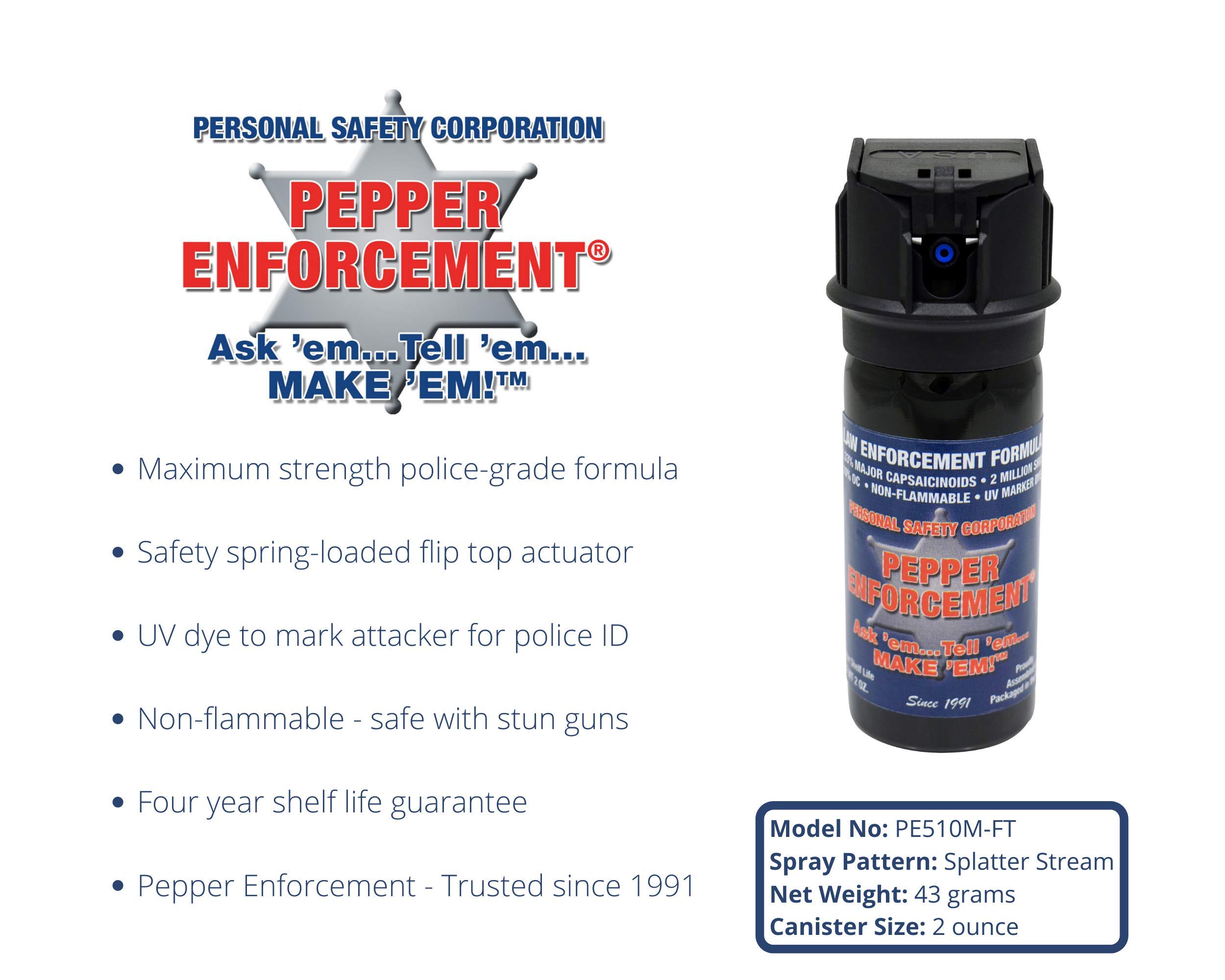 Pepper Enforcement 2 oz. Splatter Stream Pepper Spray with Belt Loop Holster for Self Defense - Maximum Strength 10% OC Formula, Flip Top Safety Tactical Design, Personal Protection Devices