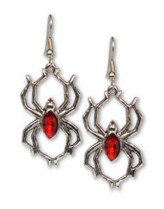 gothic spider dangle earrings with red stone body silver finish pewter