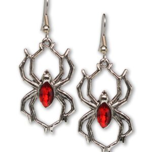 Gothic Spider Dangle Earrings with Red Stone Body Silver Finish Pewter