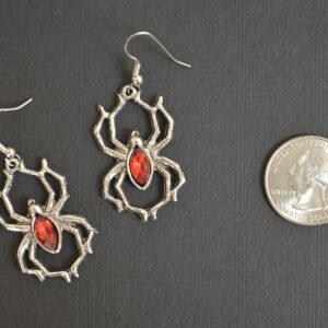 Gothic Spider Dangle Earrings with Red Stone Body Silver Finish Pewter