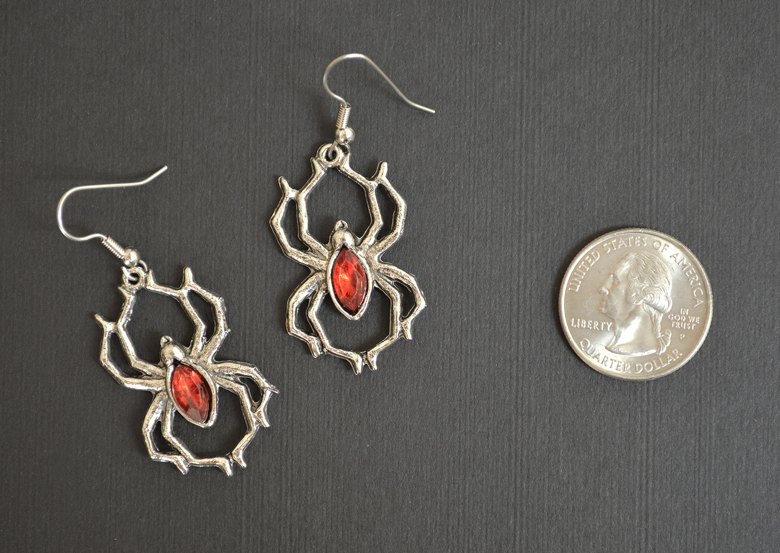 Gothic Spider Dangle Earrings with Red Stone Body Silver Finish Pewter