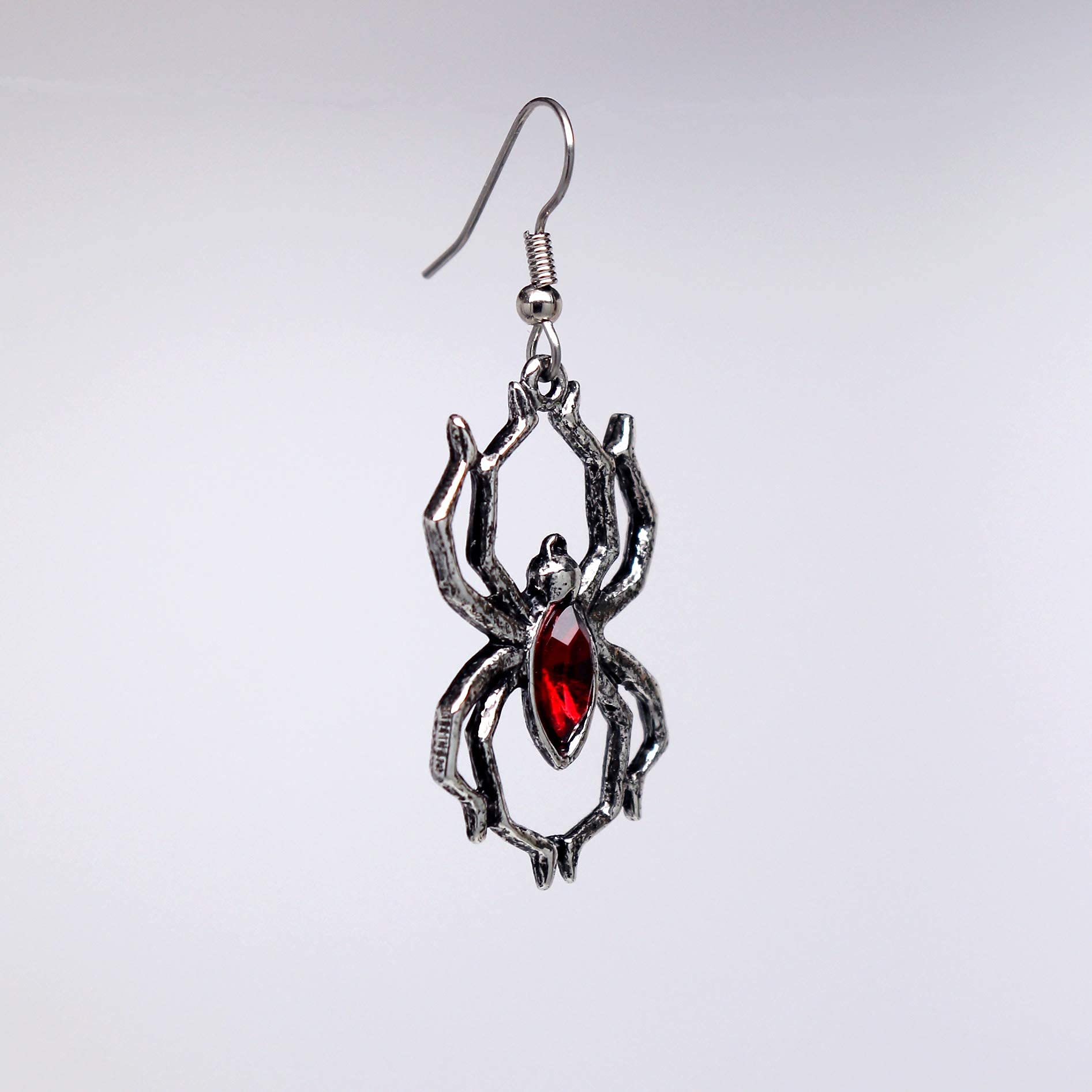 Gothic Spider Dangle Earrings with Red Stone Body Silver Finish Pewter