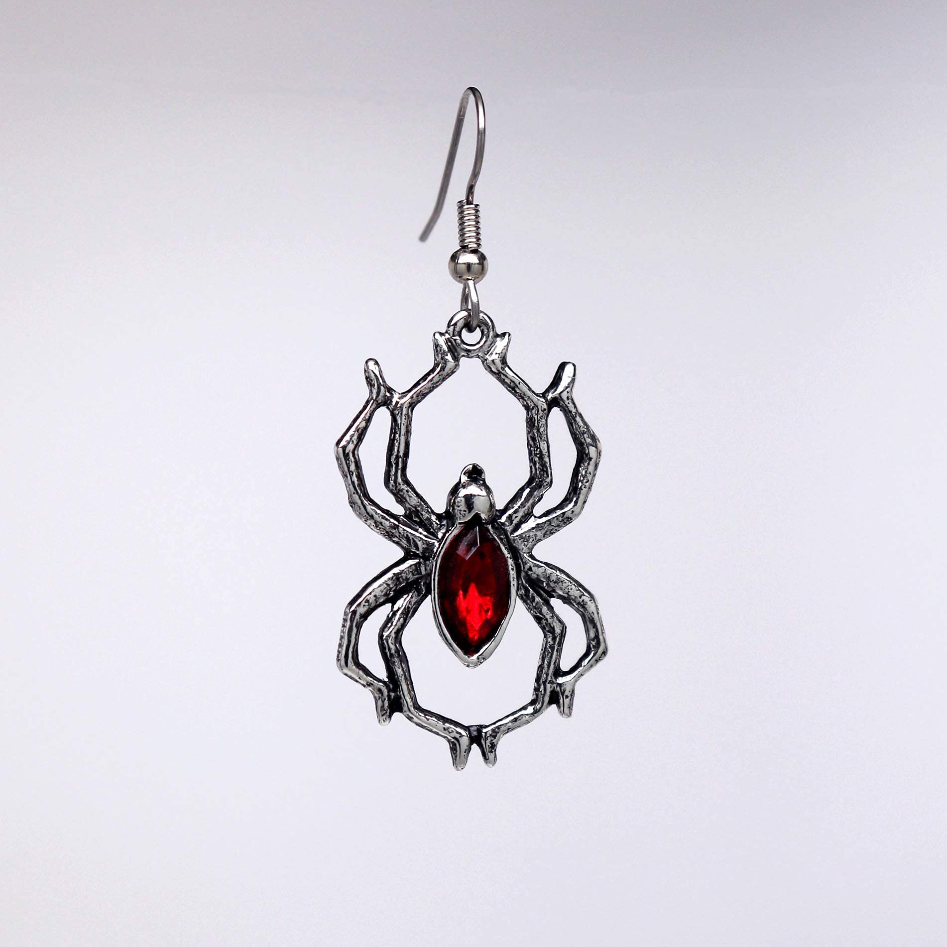 Gothic Spider Dangle Earrings with Red Stone Body Silver Finish Pewter