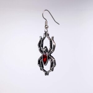 Gothic Spider Dangle Earrings with Red Stone Body Silver Finish Pewter