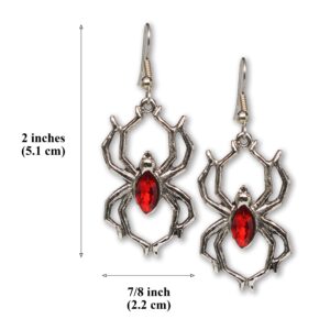 Gothic Spider Dangle Earrings with Red Stone Body Silver Finish Pewter