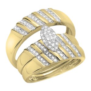 dazzlingrock collection 0.35 carat (ctw) round white diamond men's and women's engagement ring trio set 1/3 ct | yellow gold plated sterling silver | women size 7 and men size 10