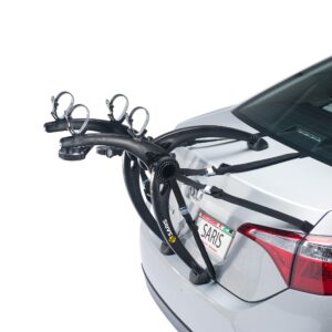 saris bones car trunk bicycle rack carrier, mounts 2 bikes, black - durable, rust-free, anti-sway straps, fits most vehicles, made in usa, arc-based design, 100% recyclable materials