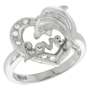 sterling silver dolphins heart love ring cz stones rhodium finished, size 6