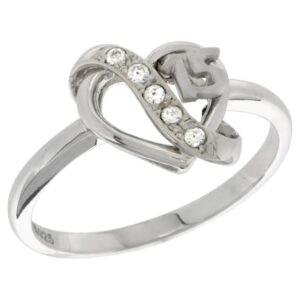 sterling silver quinceanera 15 anos heart ring cz stones rhodium finished, size 8