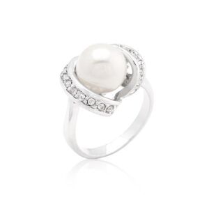 Kate Bissett Rhodium Plated Pearl Ring with Round Cut Clear CZ Surrounding a Large Pearl Center stone Size 6