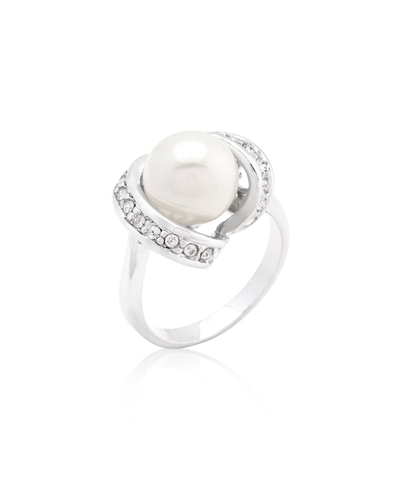 Kate Bissett Rhodium Plated Pearl Ring with Round Cut Clear CZ Surrounding a Large Pearl Center stone Size 6