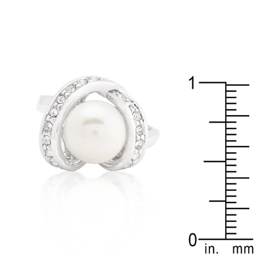 Kate Bissett Rhodium Plated Pearl Ring with Round Cut Clear CZ Surrounding a Large Pearl Center stone Size 6