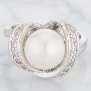 Kate Bissett Rhodium Plated Pearl Ring with Round Cut Clear CZ Surrounding a Large Pearl Center stone Size 6