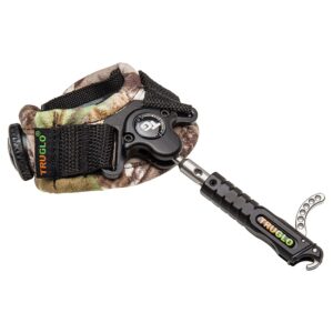 truglo detonator ultra hunting dual jaw archery bow quick release wrist strap with stainless steel firing mechanism and adjustable trigger, camouflage