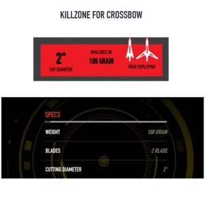 NEW ARCHERY PRODUCTS Killzone Crossbow 2 Blade Rear-Deploying 100 Grain Cut-On-Contact Tip Mechanical Broadheads with 2" Cutting Diameter & Spring-Clip Design - 3 Pack