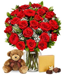 delivery by friday, 8/2 guaranteed if order placed by 8/1 before 2pm est from you flowers - two dozen long stemmed red roses with chocolates & bear with glass vase (fresh flowers) birthday,