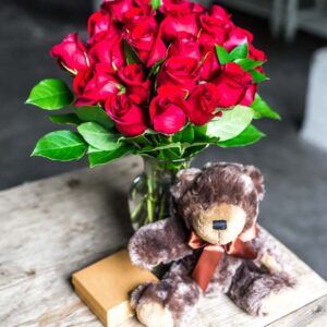 DELIVERY BY FRIDAY, 8/2 GUARANTEED IF ORDER PLACED BY 8/1 BEFORE 2PM EST From You Flowers - Two Dozen Long Stemmed Red Roses with Chocolates & Bear with Glass Vase (Fresh Flowers) Birthday,