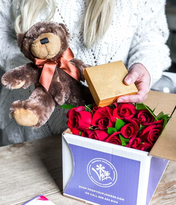 DELIVERY BY FRIDAY, 8/2 GUARANTEED IF ORDER PLACED BY 8/1 BEFORE 2PM EST From You Flowers - Two Dozen Long Stemmed Red Roses with Chocolates & Bear with Glass Vase (Fresh Flowers) Birthday,