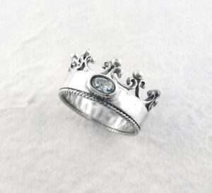 sterling silver crown with cubic zirconia"princess" ring, aqua size 8