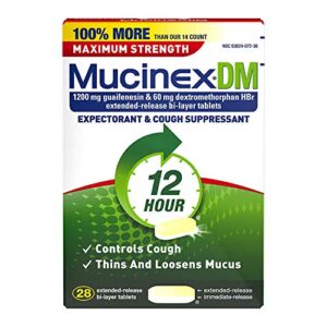 mucinex dm maximum strength 12-hour expectorant and cough suppressant tablets, 28 count