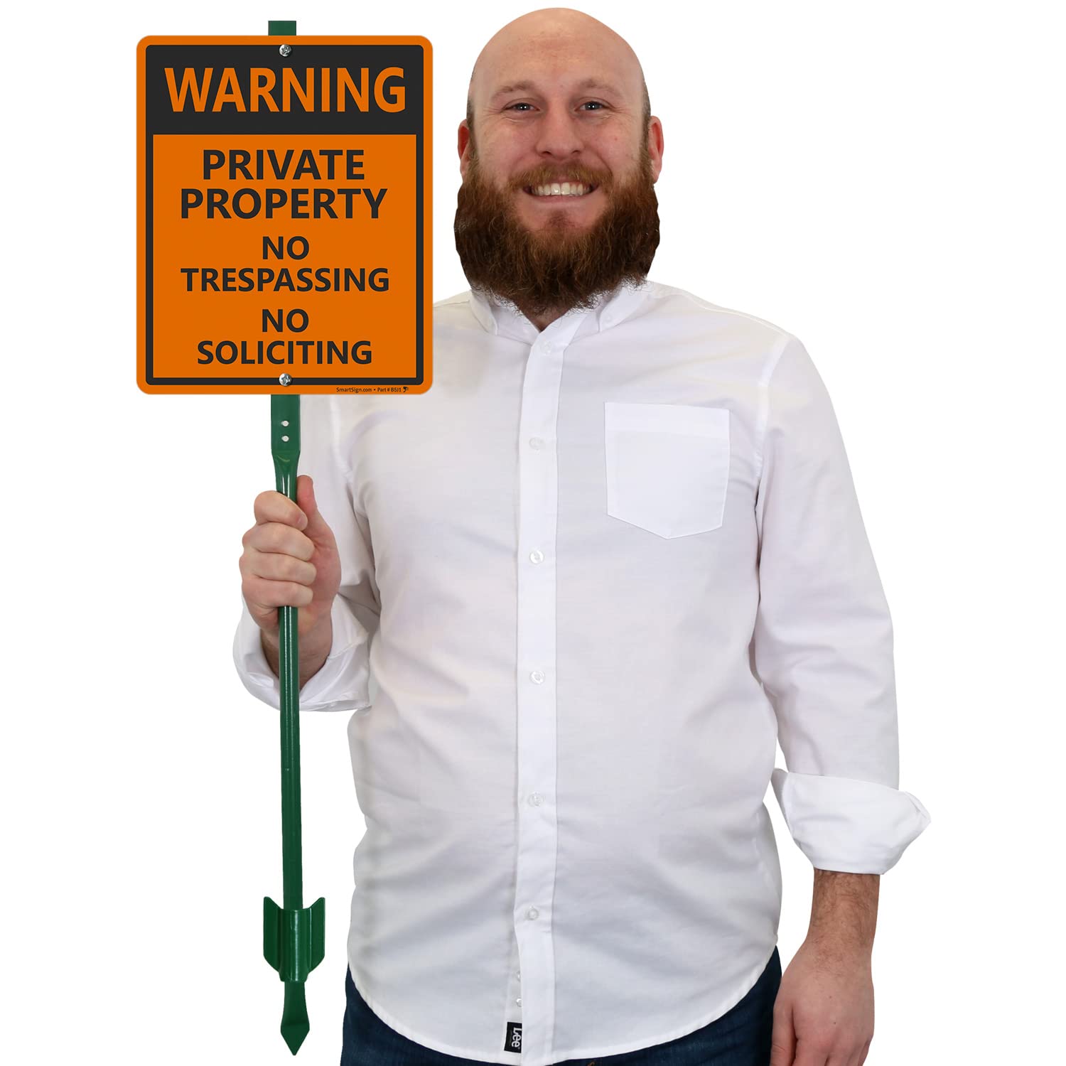 SmartSign "Warning - Private Property, No Trespassing, No Soliciting" LawnBoss® Sign | 10" x 12" Aluminum Sign With 3' Stake